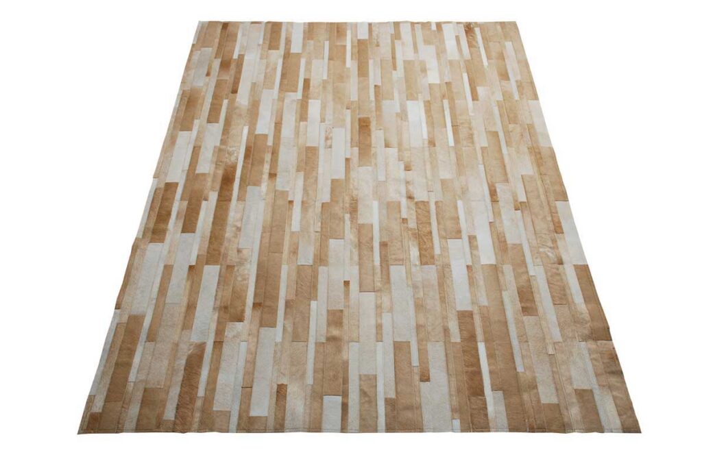 STRIPES Beige and White Patch Cowhide Rug | Shine Rugs